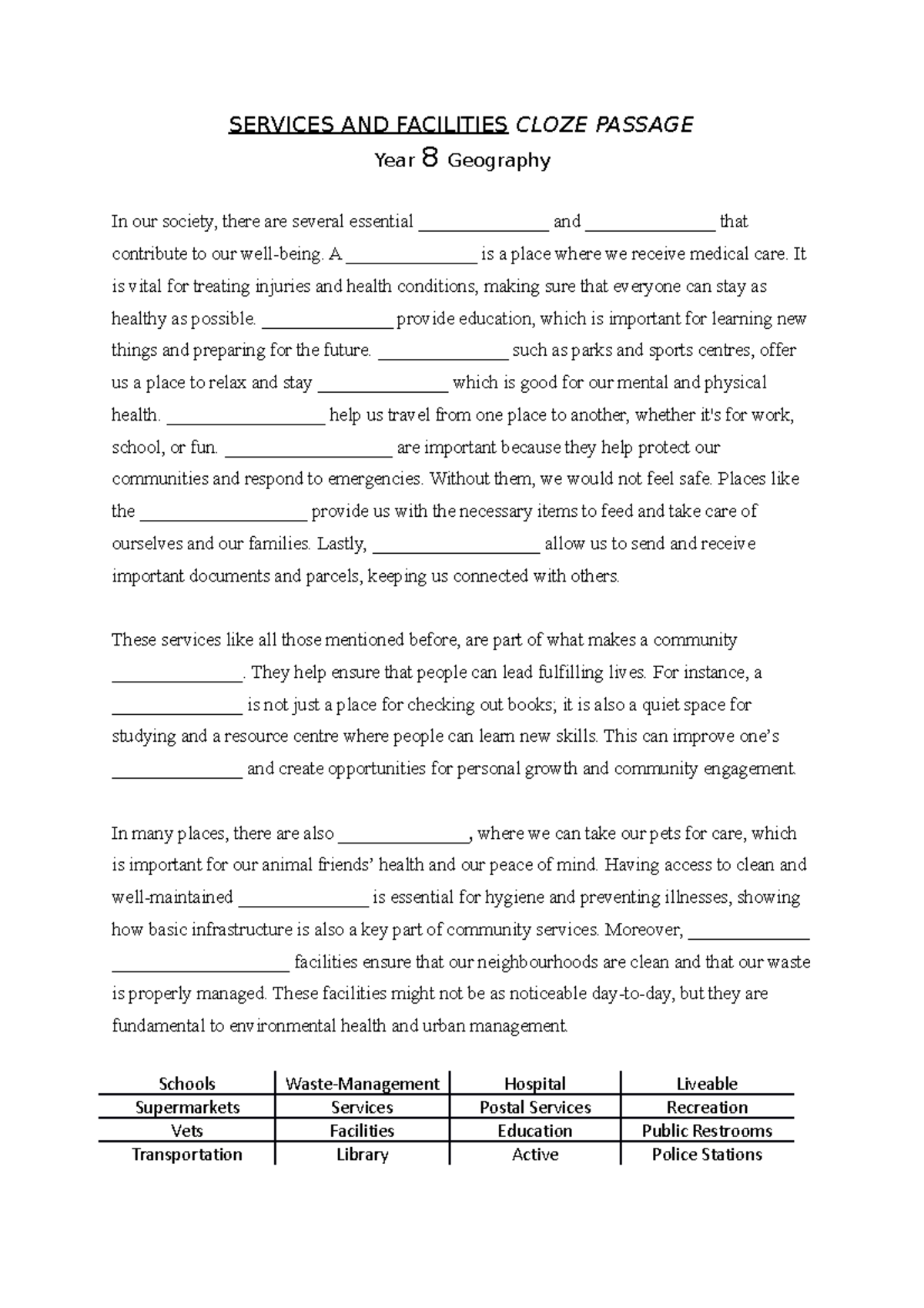 Services AND Facilities Cloze Passage - SERVICES AND FACILITIES CLOZE ...