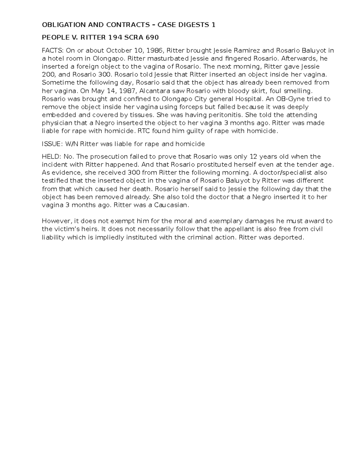 Pdfcoffee - reviewer - OBLIGATION AND CONTRACTS – CASE DIGESTS 1 PEOPLE V. RITTER 194 SCRA 690 ...