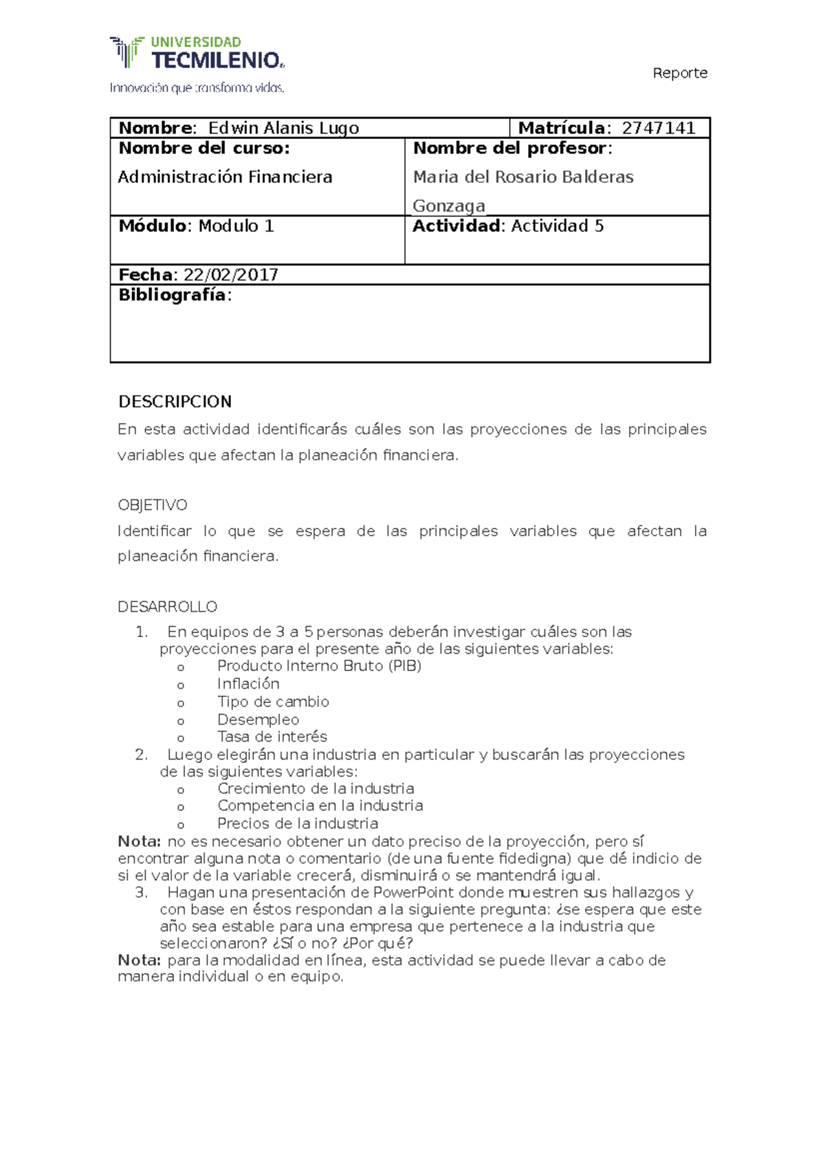 Actividad 5 Administracion Financiera - Reporte Nombre: Edwin Alanis ...