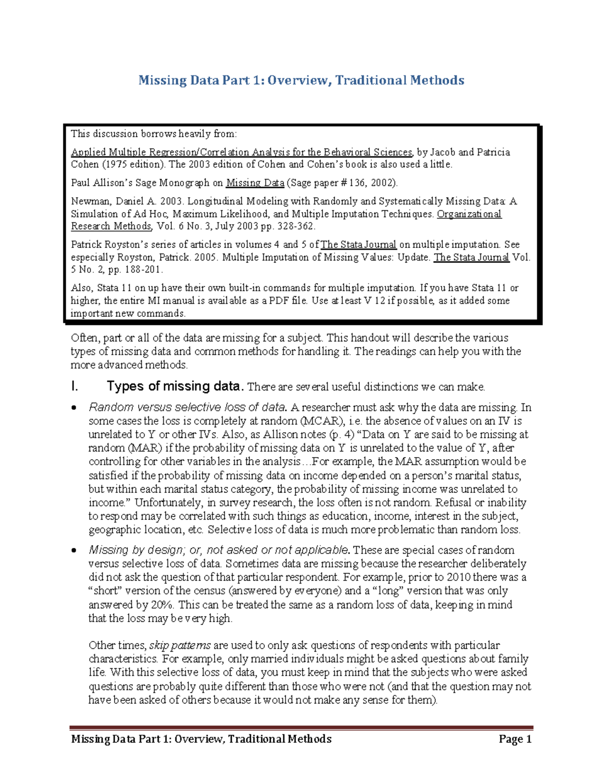 Topic 2 Missing Traditional Methods - This discussion borrows heavily ...