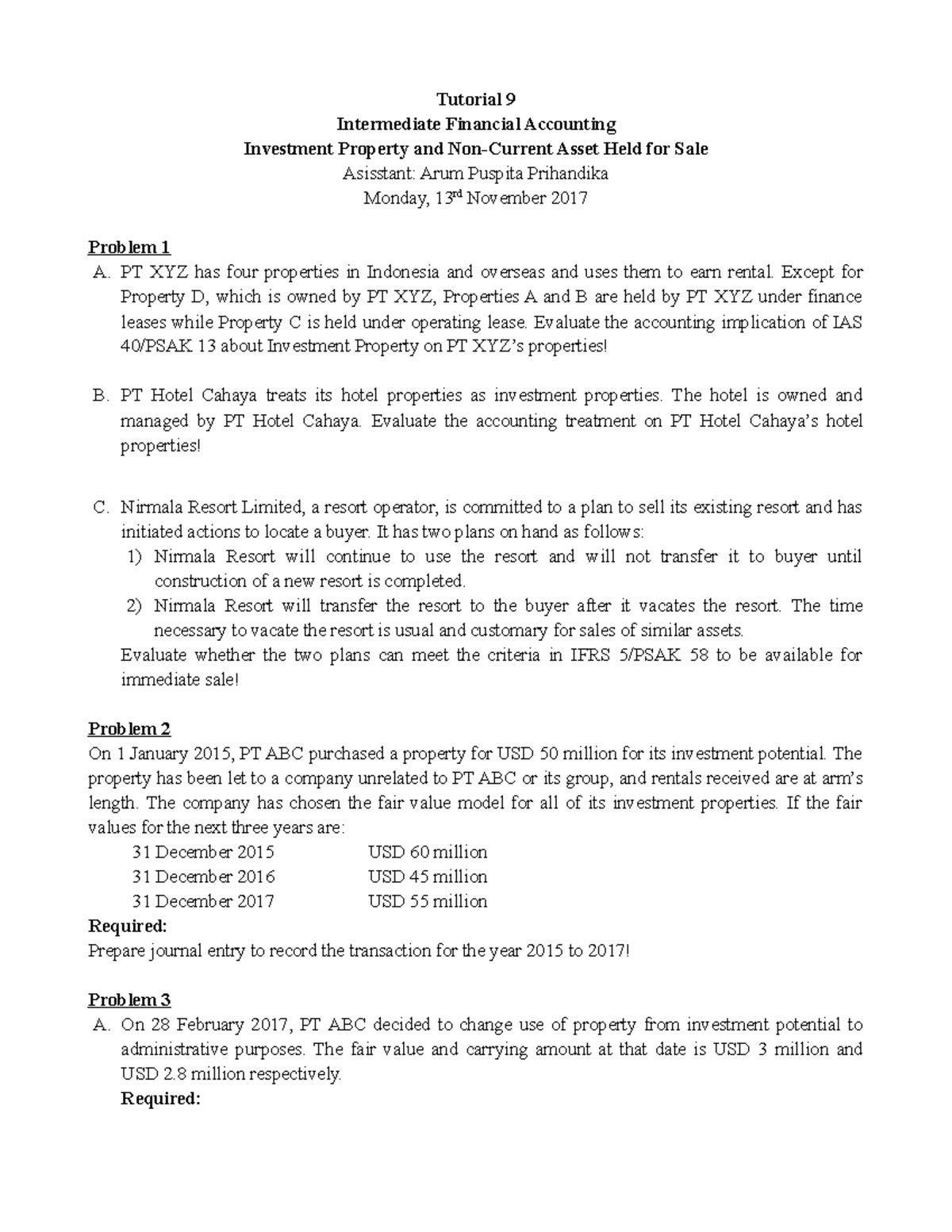 [Exercise] Tutorial 9 - Tutorial 9 Intermediate Financial Accounting Investment Property and ...