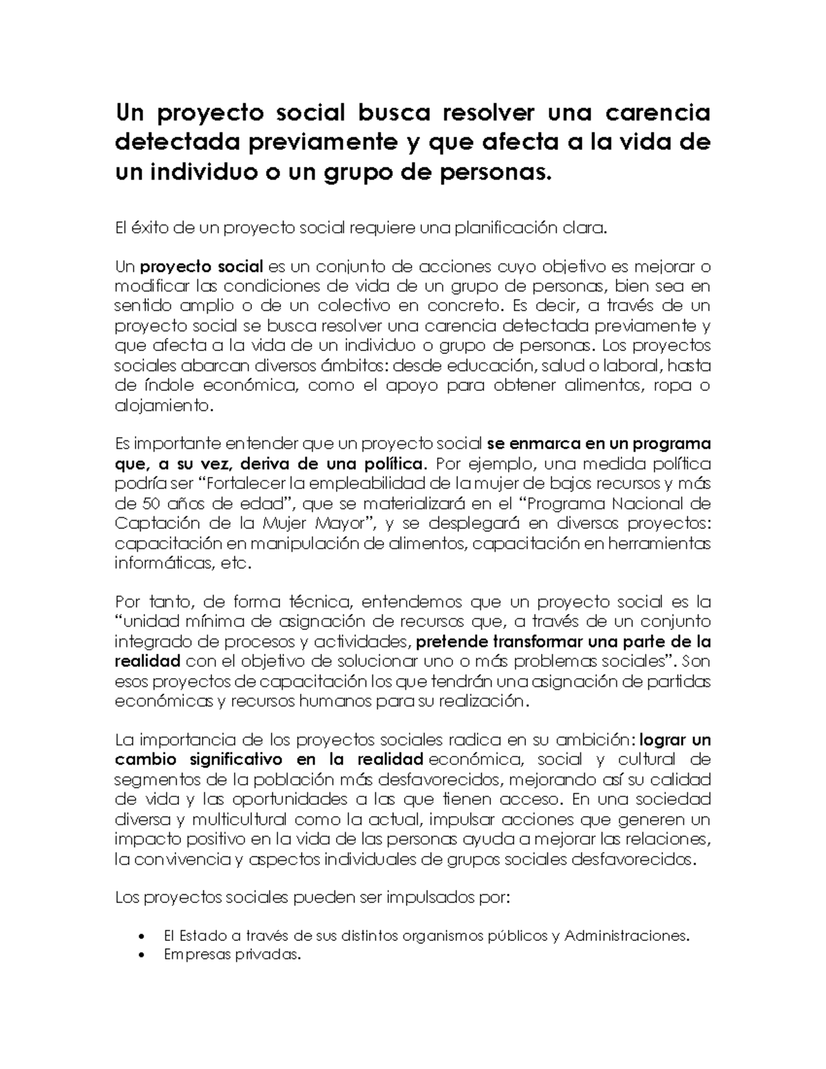 Proyecto social - El éxito de un proyecto social requiere una ...