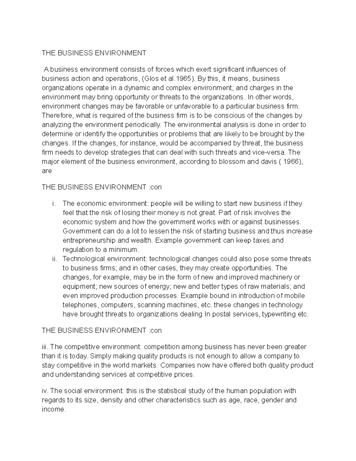 Buisness chp 2 notes - THE BUSINESS ENVIRONMENT A business environment ...