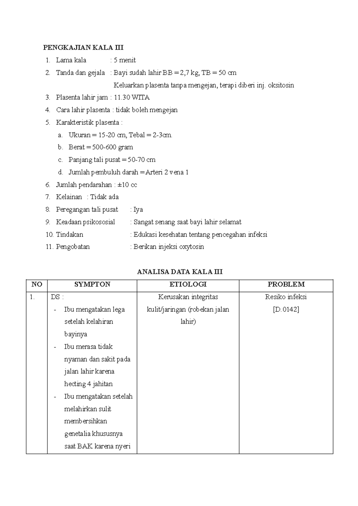 Pengkajian KALA III - itu - PENGKAJIAN KALA III 1. Lama kala : 5 menit ...