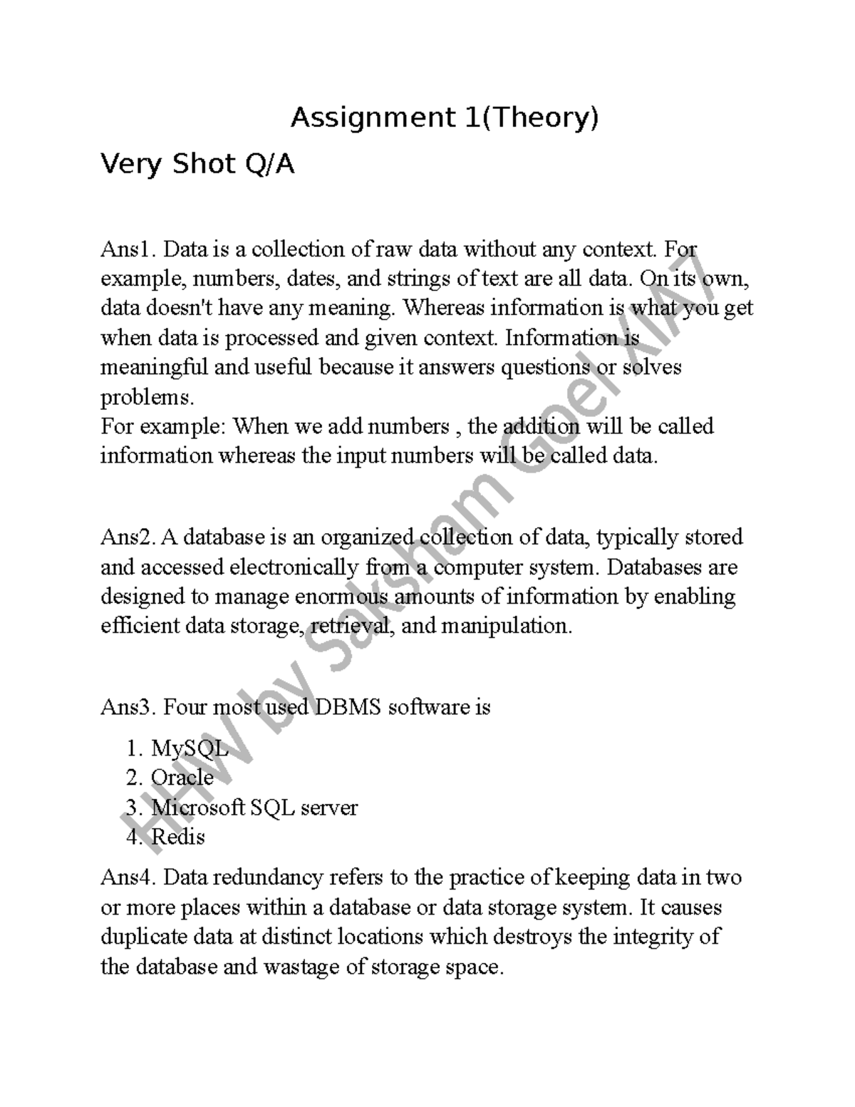 IP Word - It's helpful - Assignment 1(Theory) Very Shot Q/A Ans1. Data ...