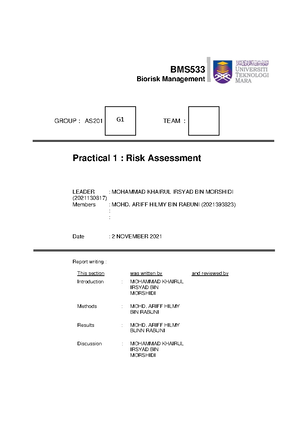 Lab report BMS533 - BMS533 PRACTICAL 1 : RISK ASSESSMENT Objective To ...