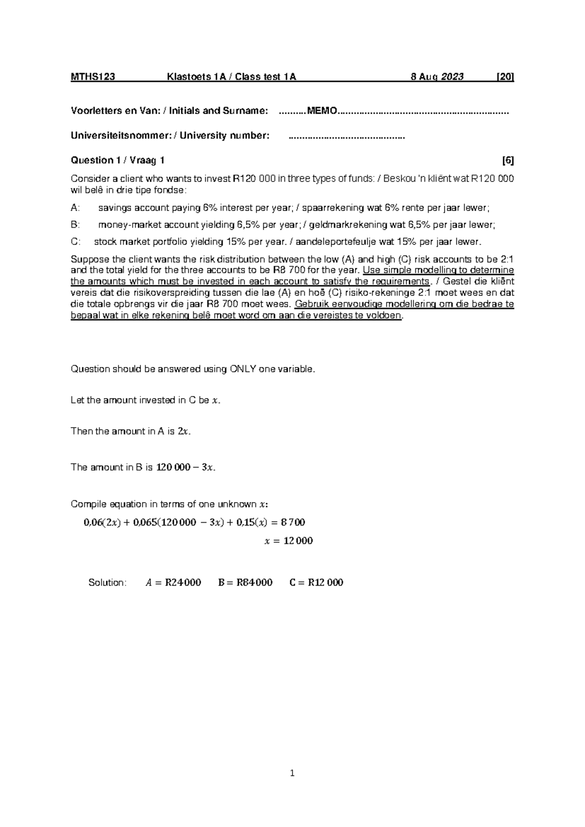 MTHS123 2023 Klastoets Class test 1A MEMO f - 1 MTHS123 Klastoets 1A ...