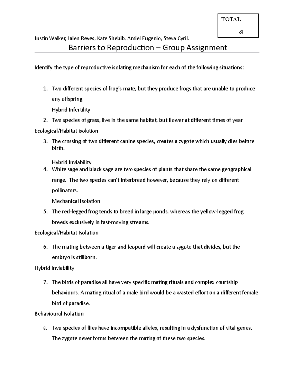 Barriers to Reproduction Worksheet - Justin Walker, Jalen Reyes, Kate ...
