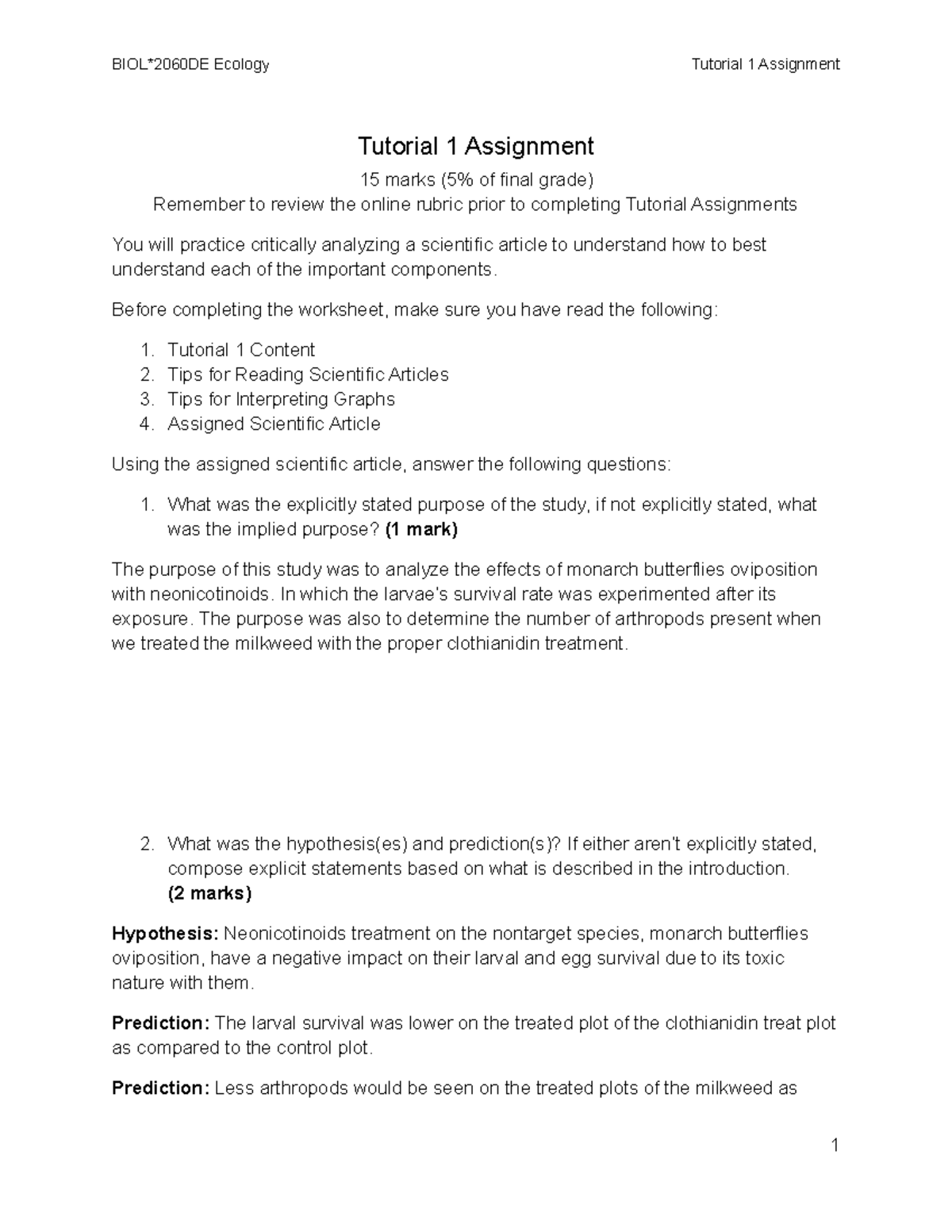 Tutorial 1 Assignment - Very very important - BIOL*2060DE Ecology Tutorial 1 Assignment Tutorial ...