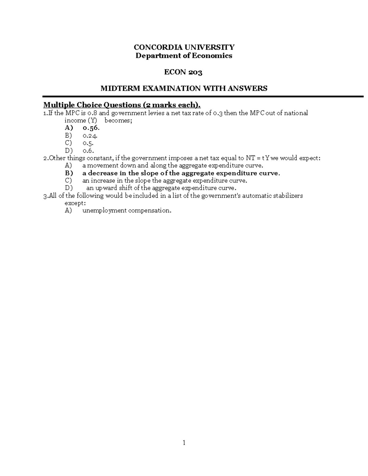 Midterm exam, questions and answers - CONCORDIA UNIVERSITY Department ...