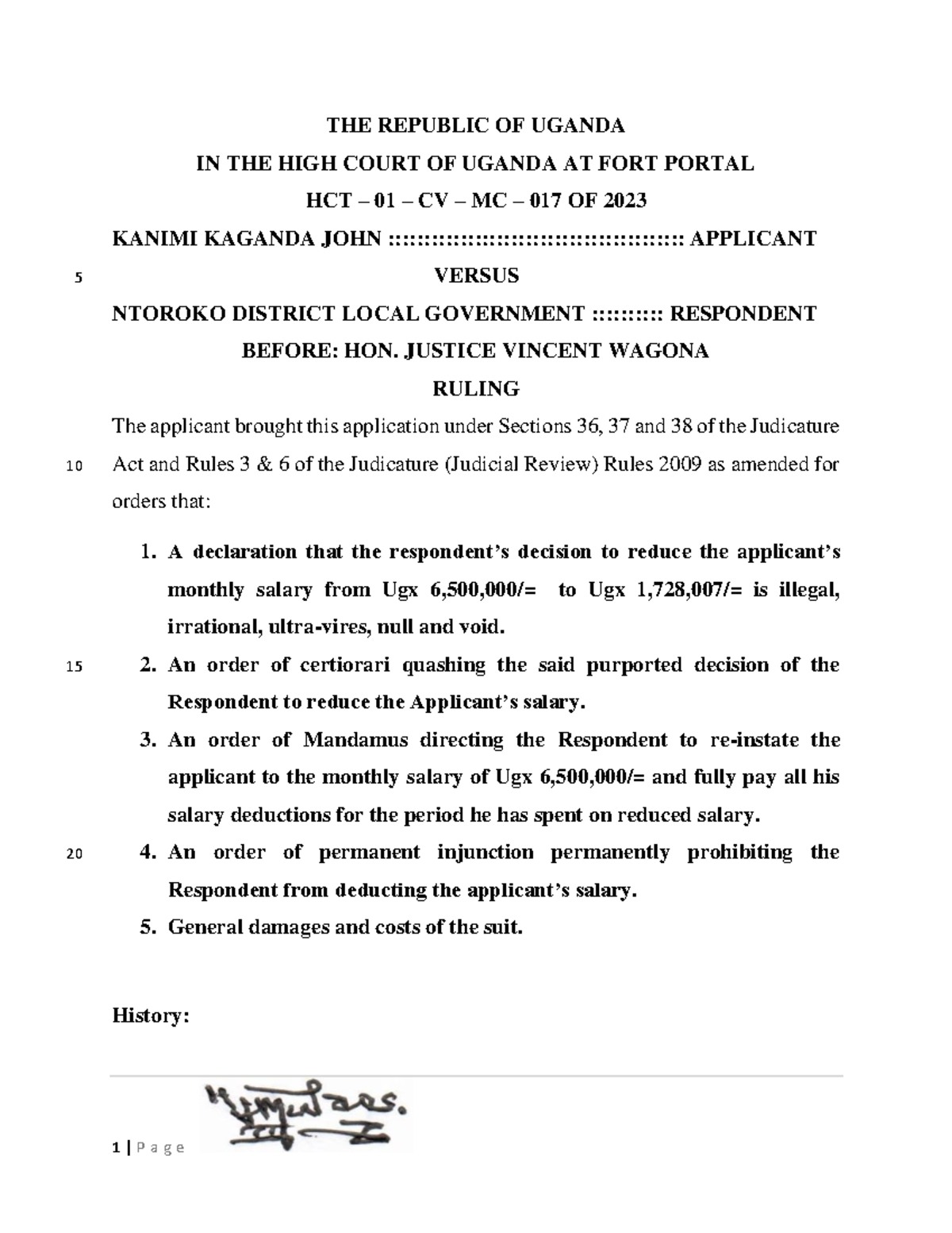 Kanimi Kaganda v Ntoroko District Local Government (HCT01CVMC 17 of ...