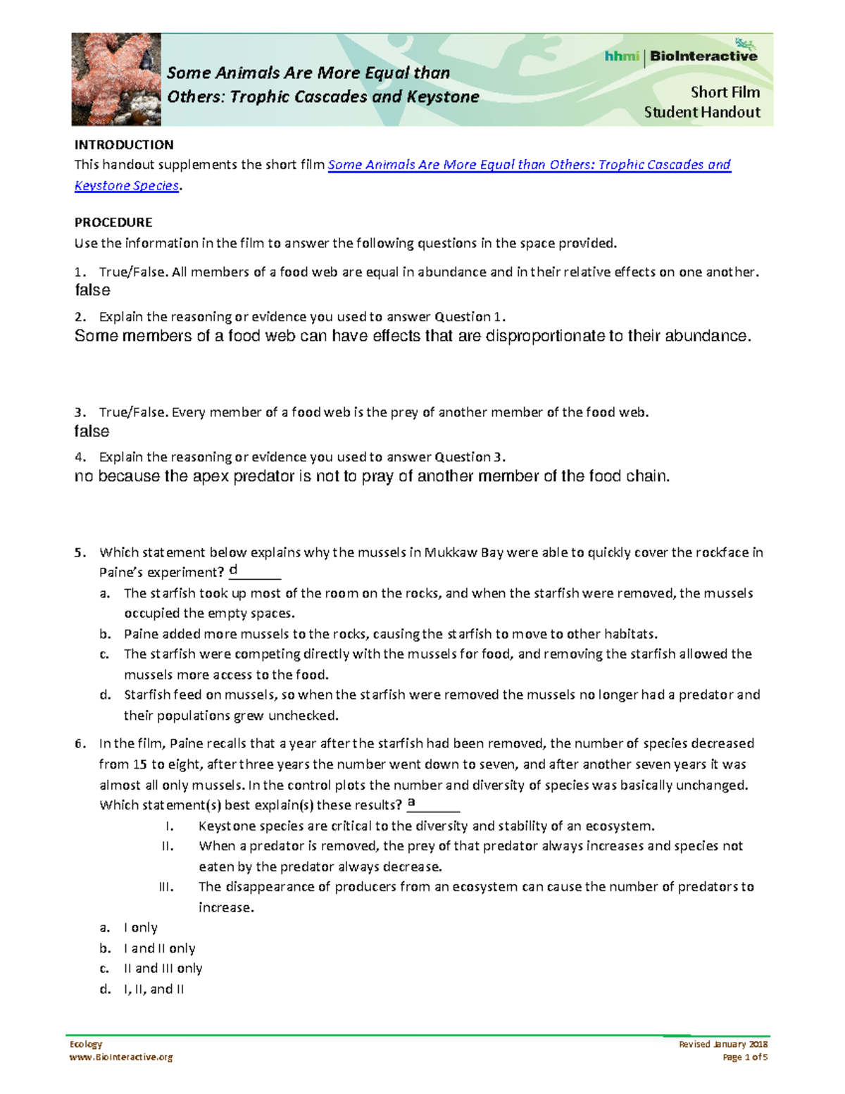 Trophic Cascades-Student HO-film - Ecology Revised January 2018 Some ...