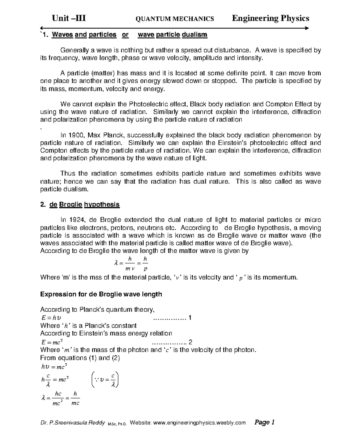Unit iii quantum mechanics - Unit –III QUANTUM MECHANICS Engineering ...