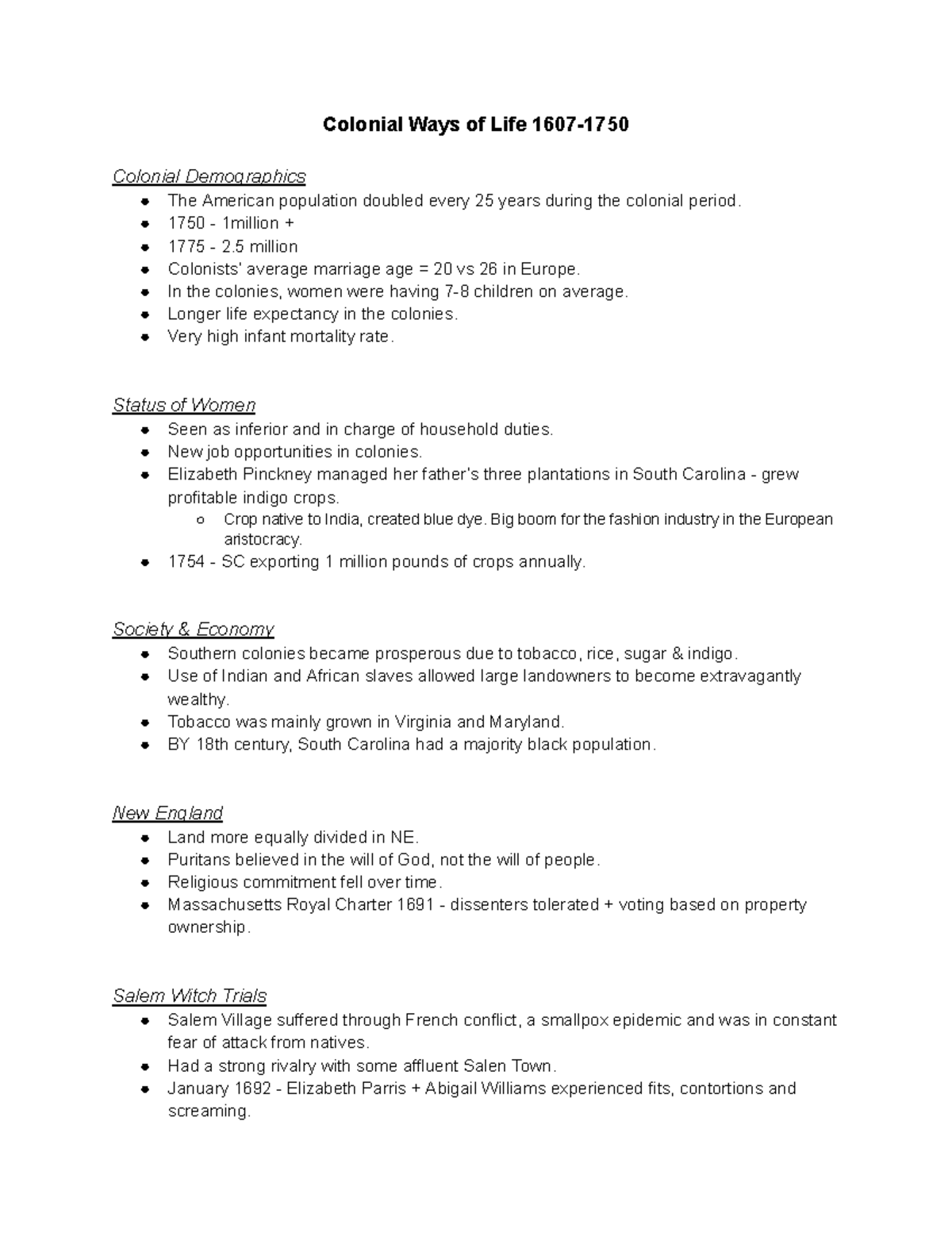 HIST 105 Exam 1 Notes - Colonial Ways of Life 1607- Colonial ...