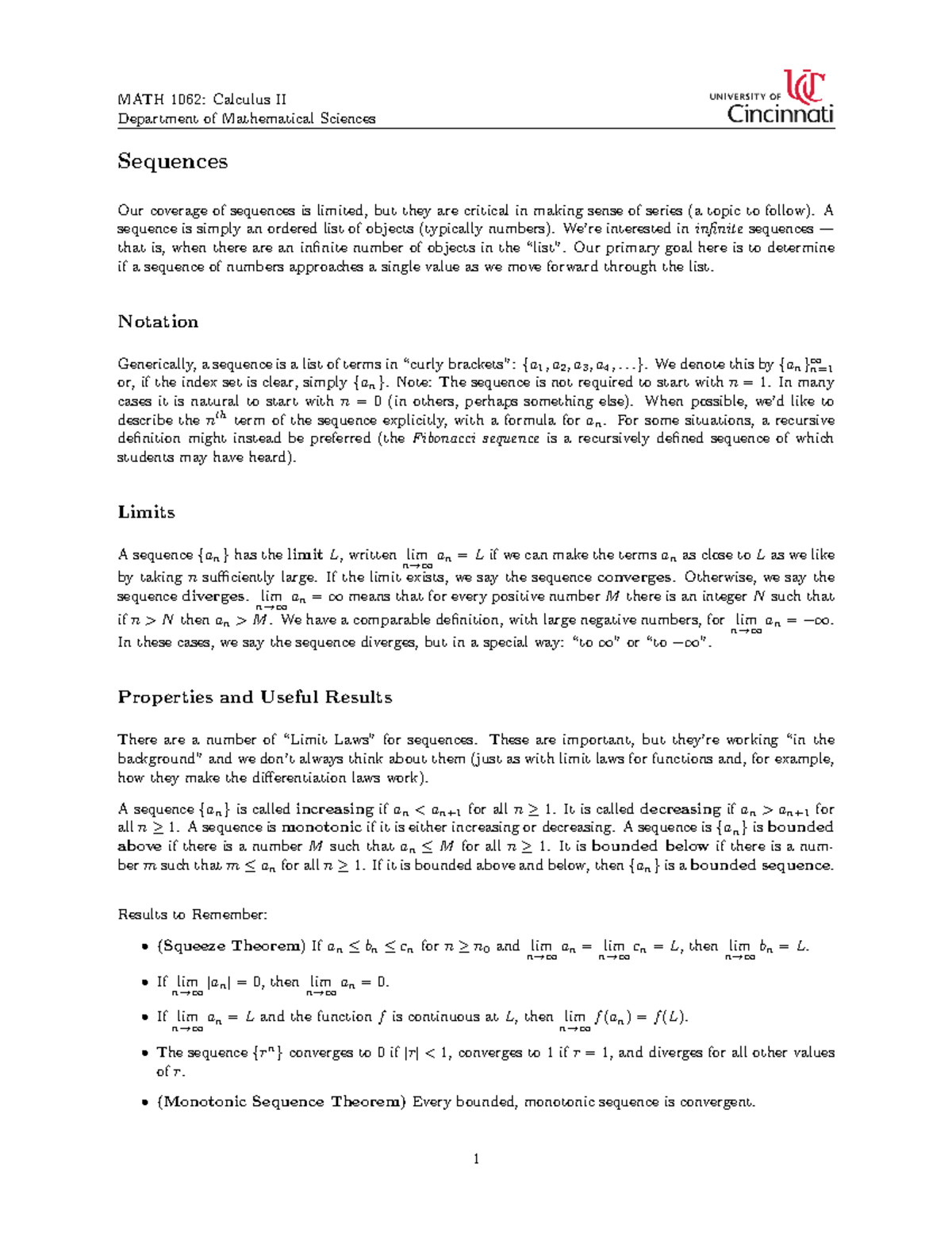 11-1 Summary - MATH 1062: Calculus II Department of Mathematical ...