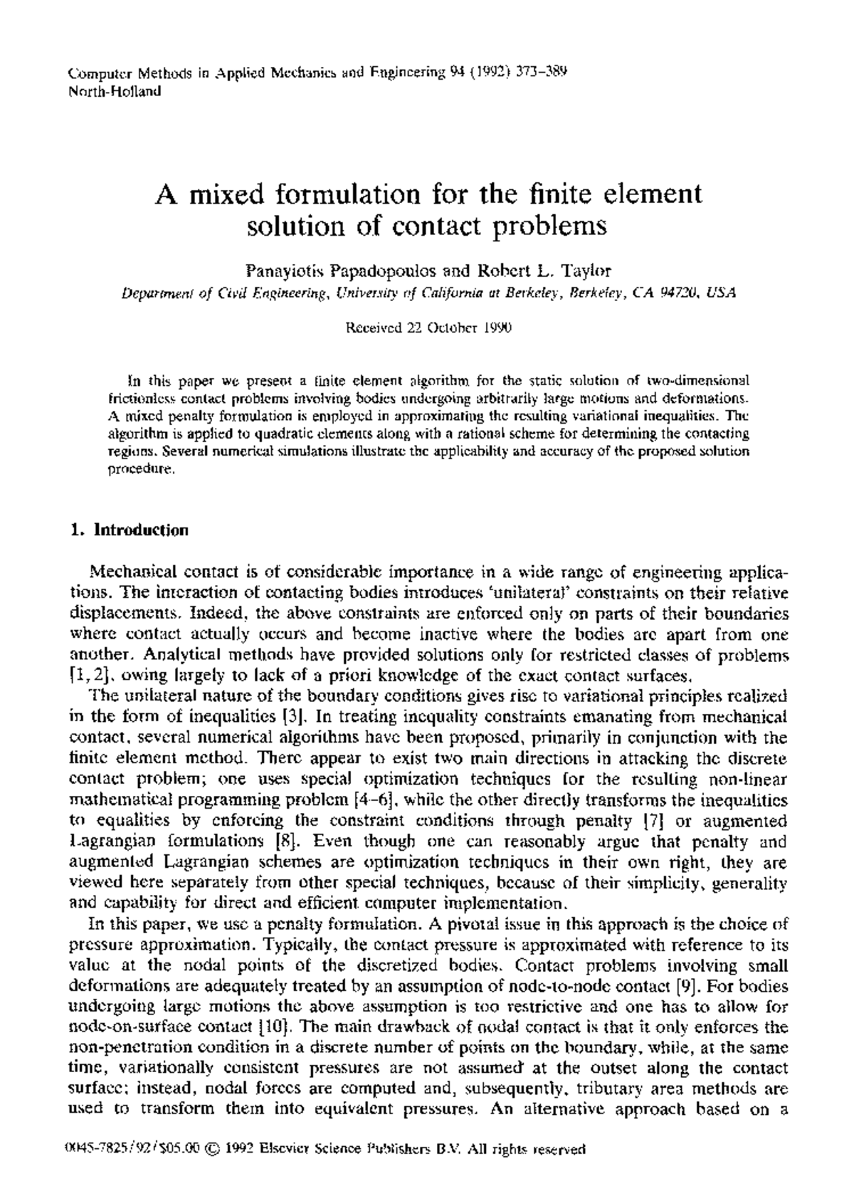 A Mixed Formulation For The Finite Element Computer Methods In