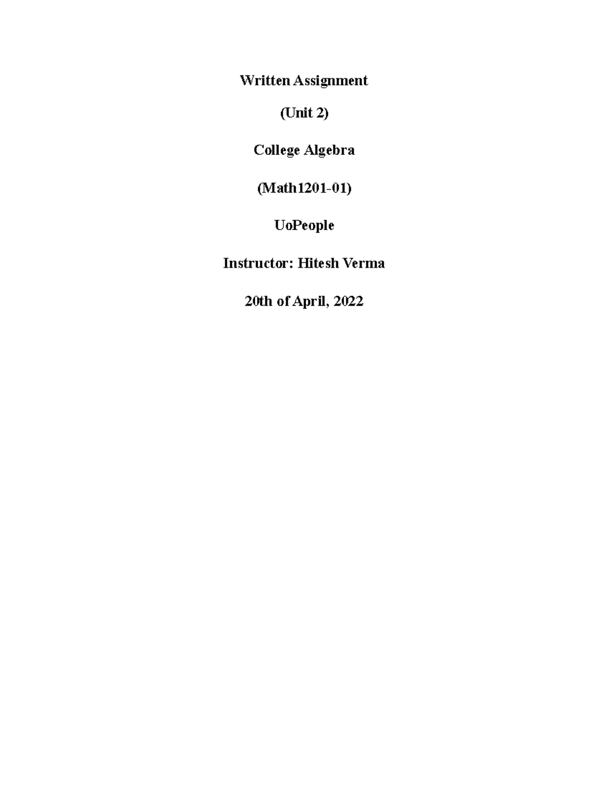 Math 1201 W.A. 2 - Written Assignment Unit 2 in College Algebra ...