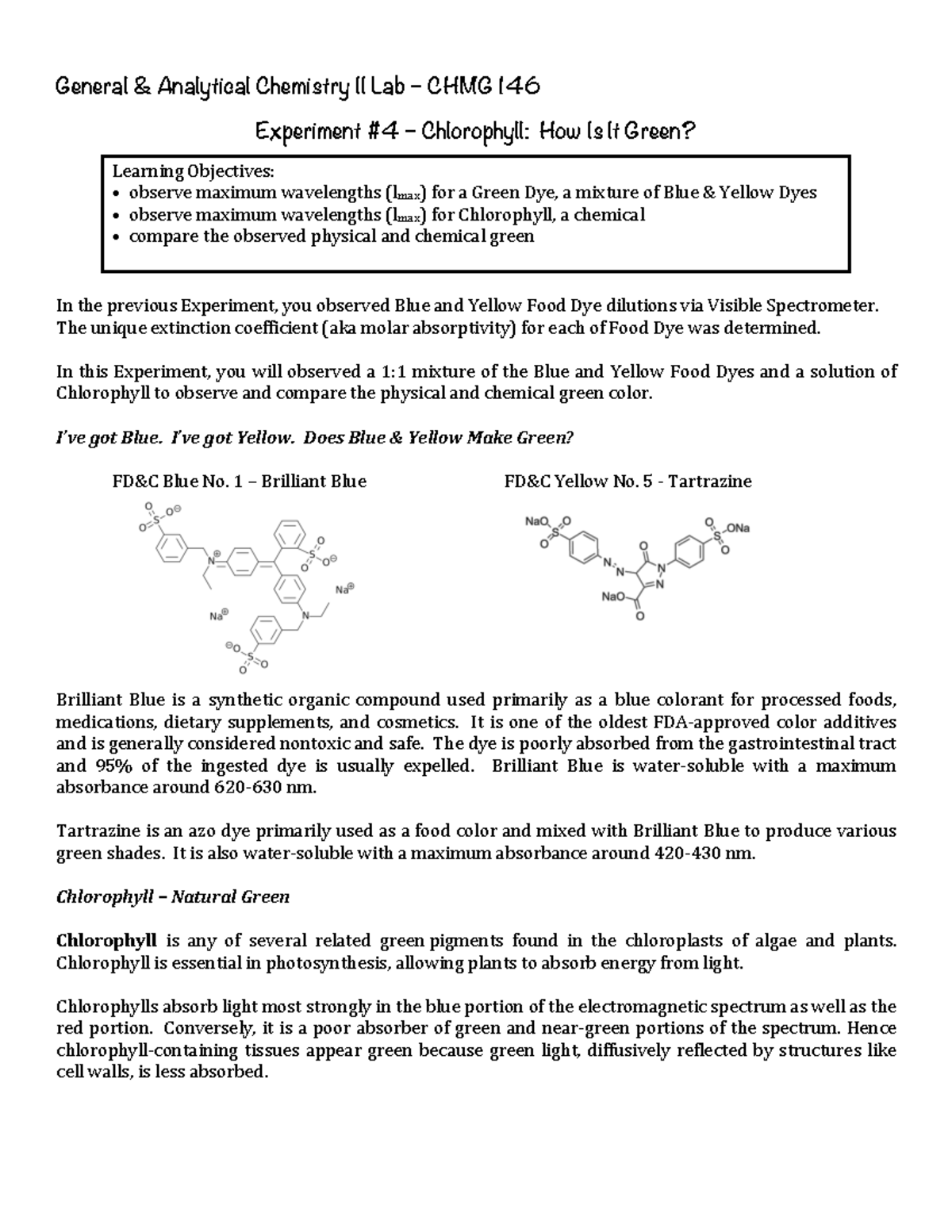 Lab 4 - Chlorophyll - General & Analytical Chemistry II Lab – CHMG 146 ...