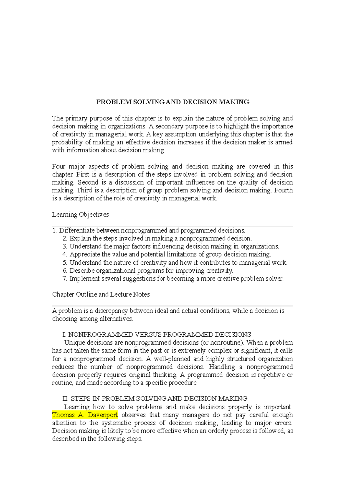 Chapter 5 Decision Making - PROBLEM SOLVING AND DECISION MAKING The ...