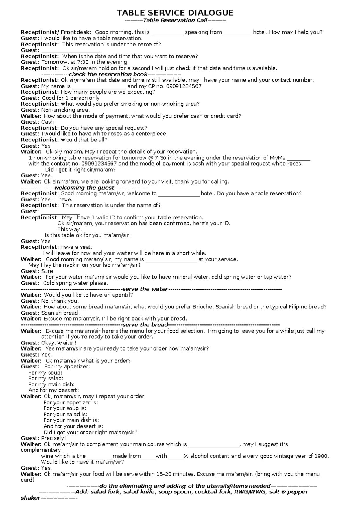 Table Service- Dialogue - TABLE SERVICE DIALOGUE -Table Reservation Call- Receptionist ...