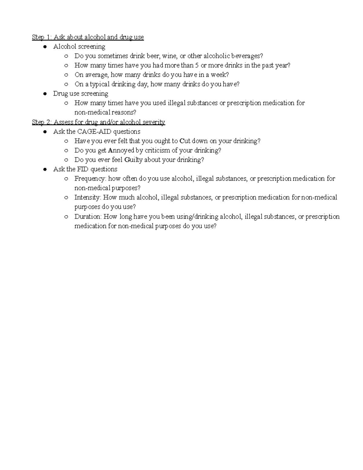 Outline Simulated client interview - Step 1: Ask about alcohol and drug ...