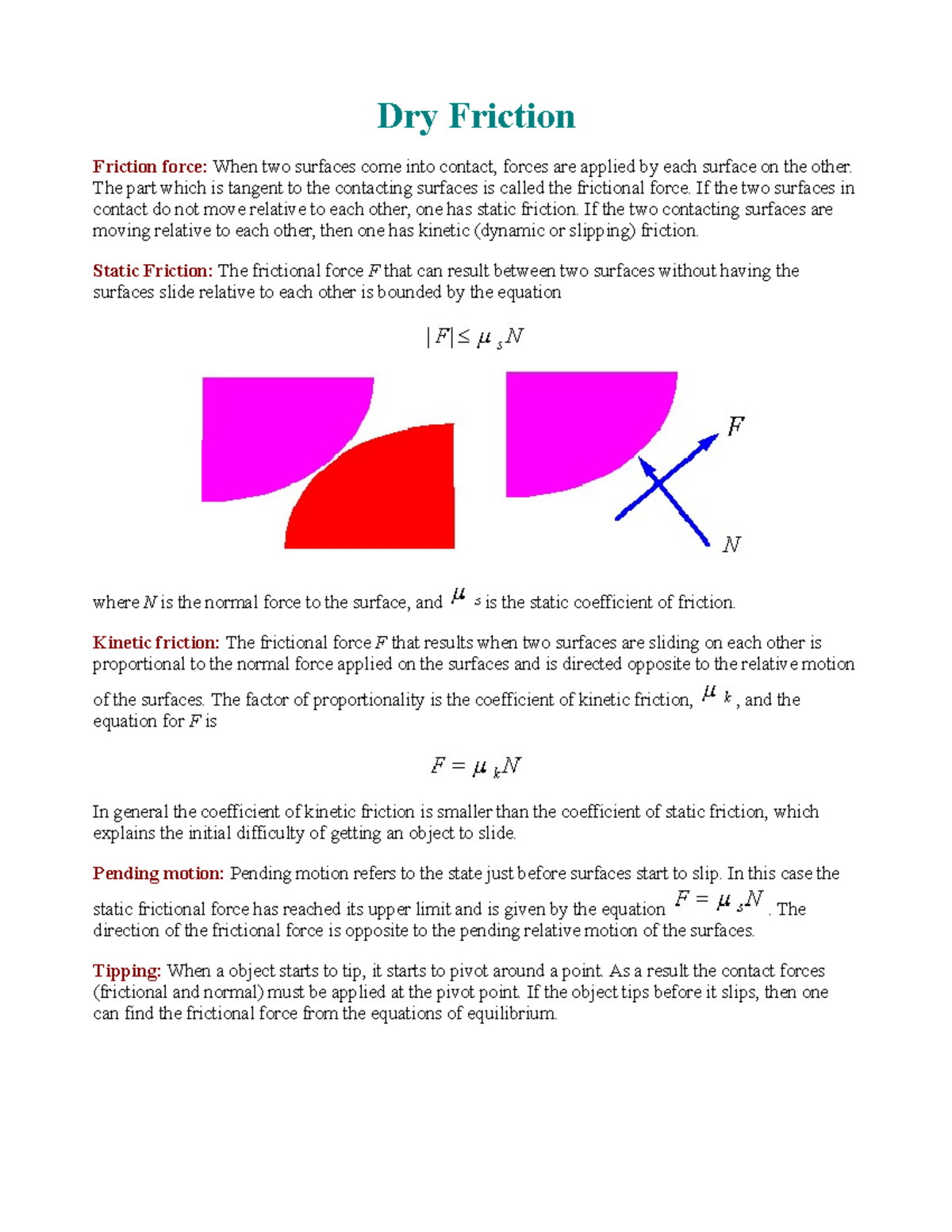 Dry Friction - first lecture slide - Dry Friction Friction force: When ...
