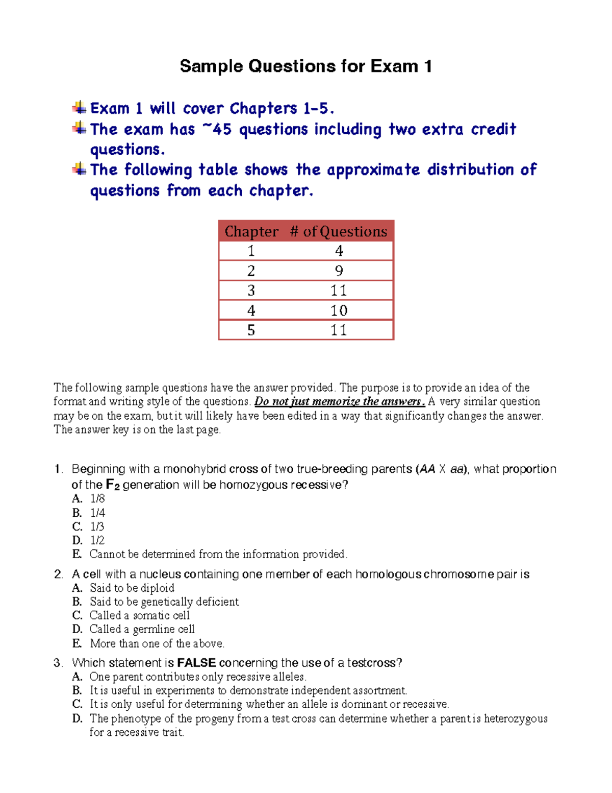 Exam 1 Sample Questions - Sample Questions for Exam 1 Exam 1 will cover ...
