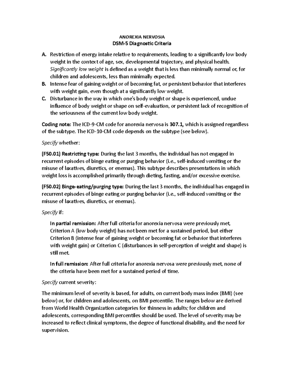 Eating Disorders DSM Information - ANOREXIA NERVOSIA DSM-5 Diagnostic ...