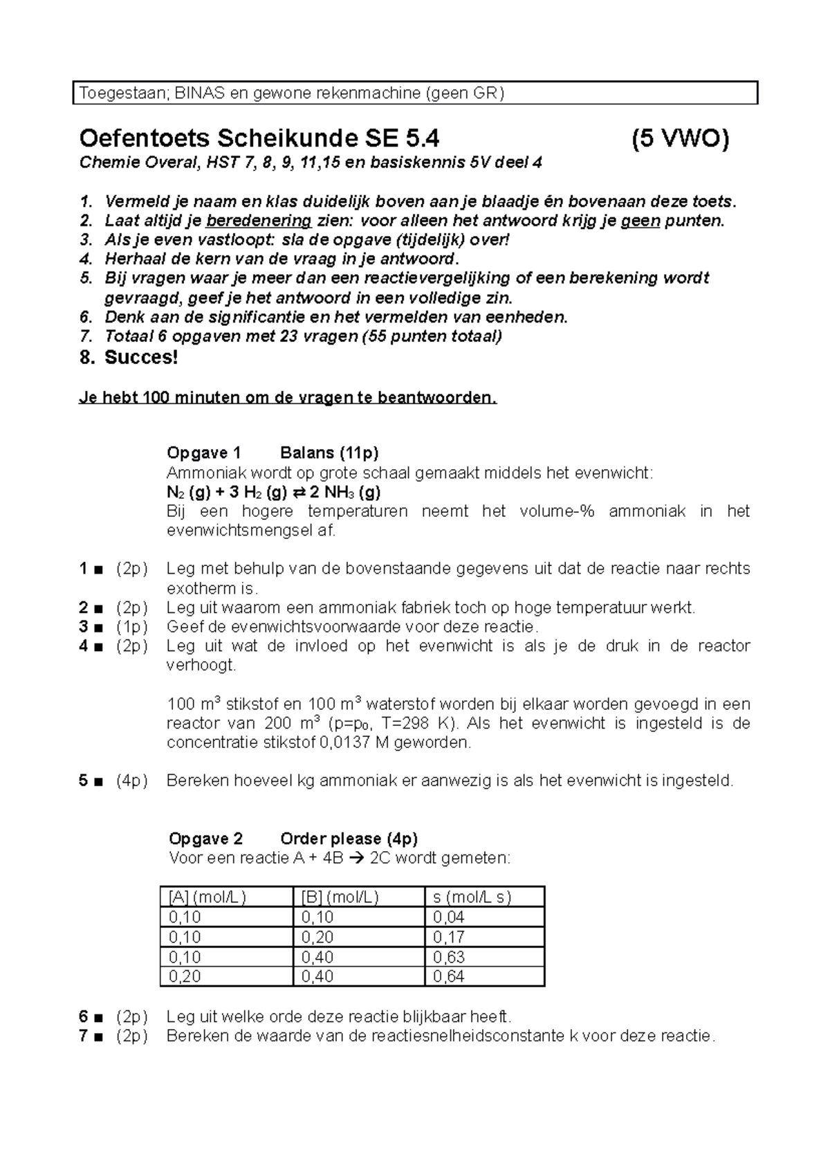 SE54 V5 1617 oefentoets - Toegestaan; BINAS en gewone rekenmachine ...