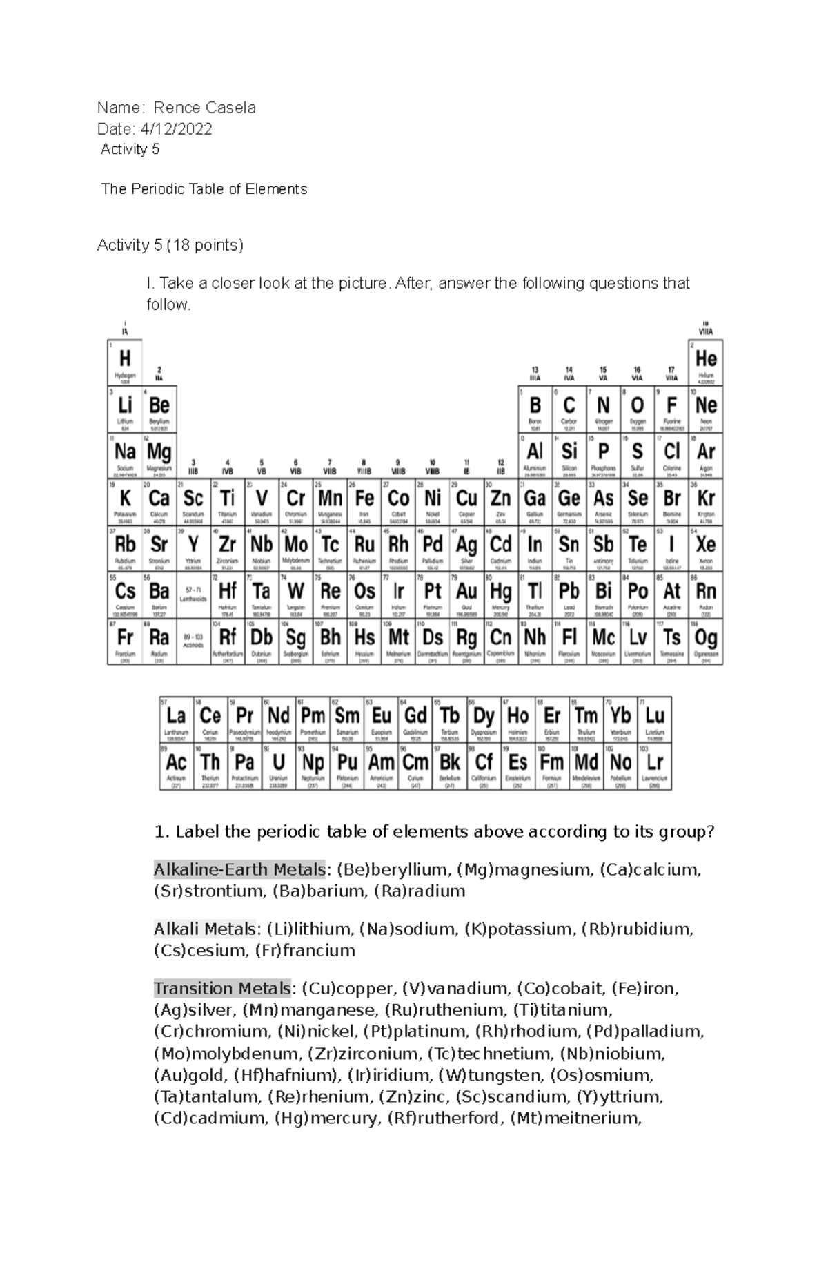 Activity 5 The Periodic Table of Elements - Name: Rence Casela Date: 4 ...