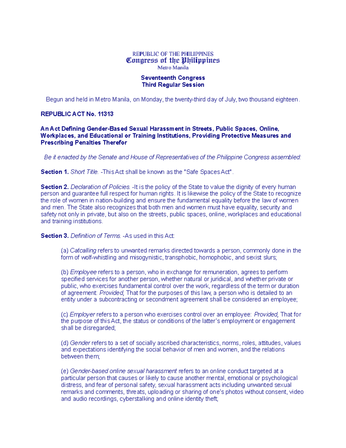 RA. 11313 - Safe Spaces Act - Seventeenth Congress Third Regular ...