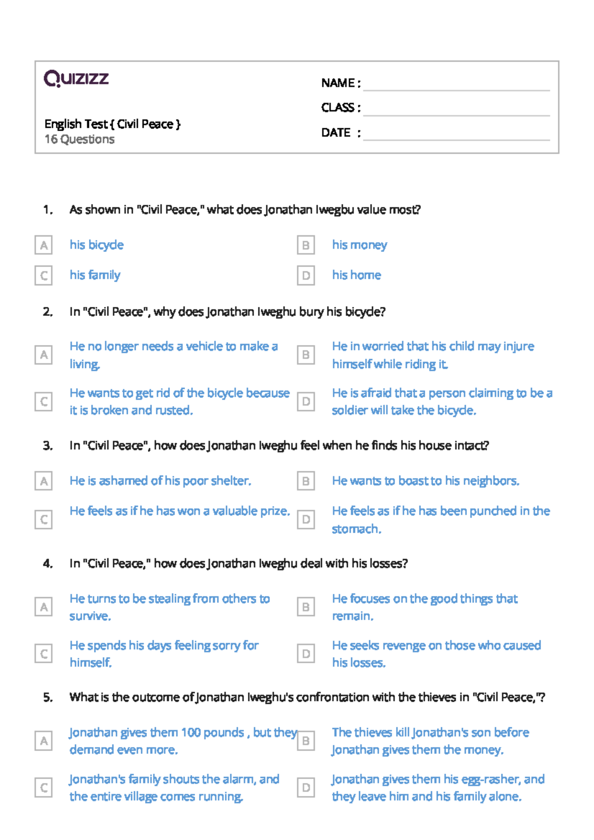 English Test { Civil Peace } - English Test { Civil Peace } 16 ...