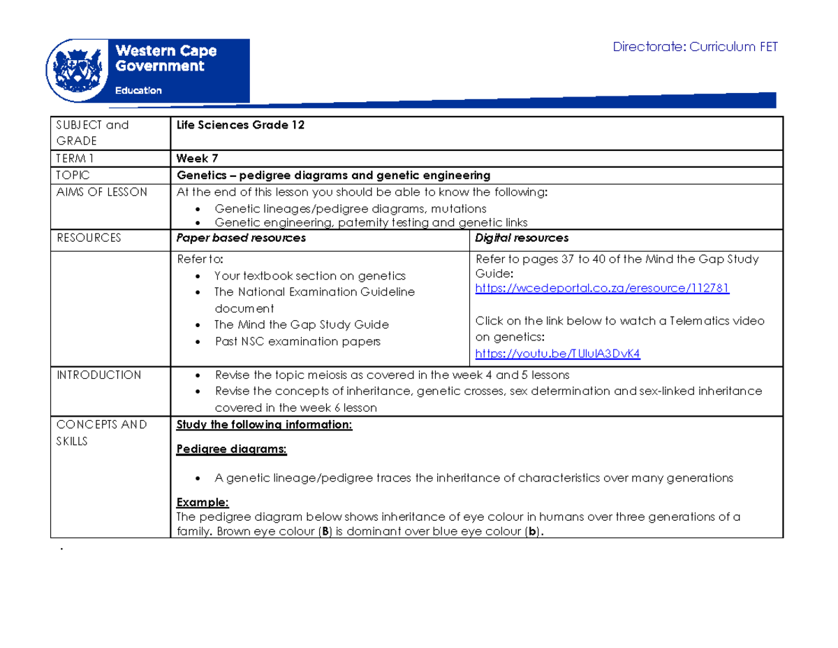 Life Sciences Grade 12 Term 1 Week 7 2021 - Directorate: Curriculum FET ...