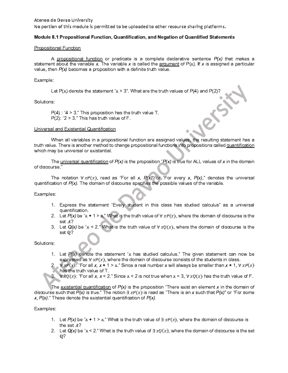 Module 8.1 Propositional Function and Quantification - Ateneo de Davao ...