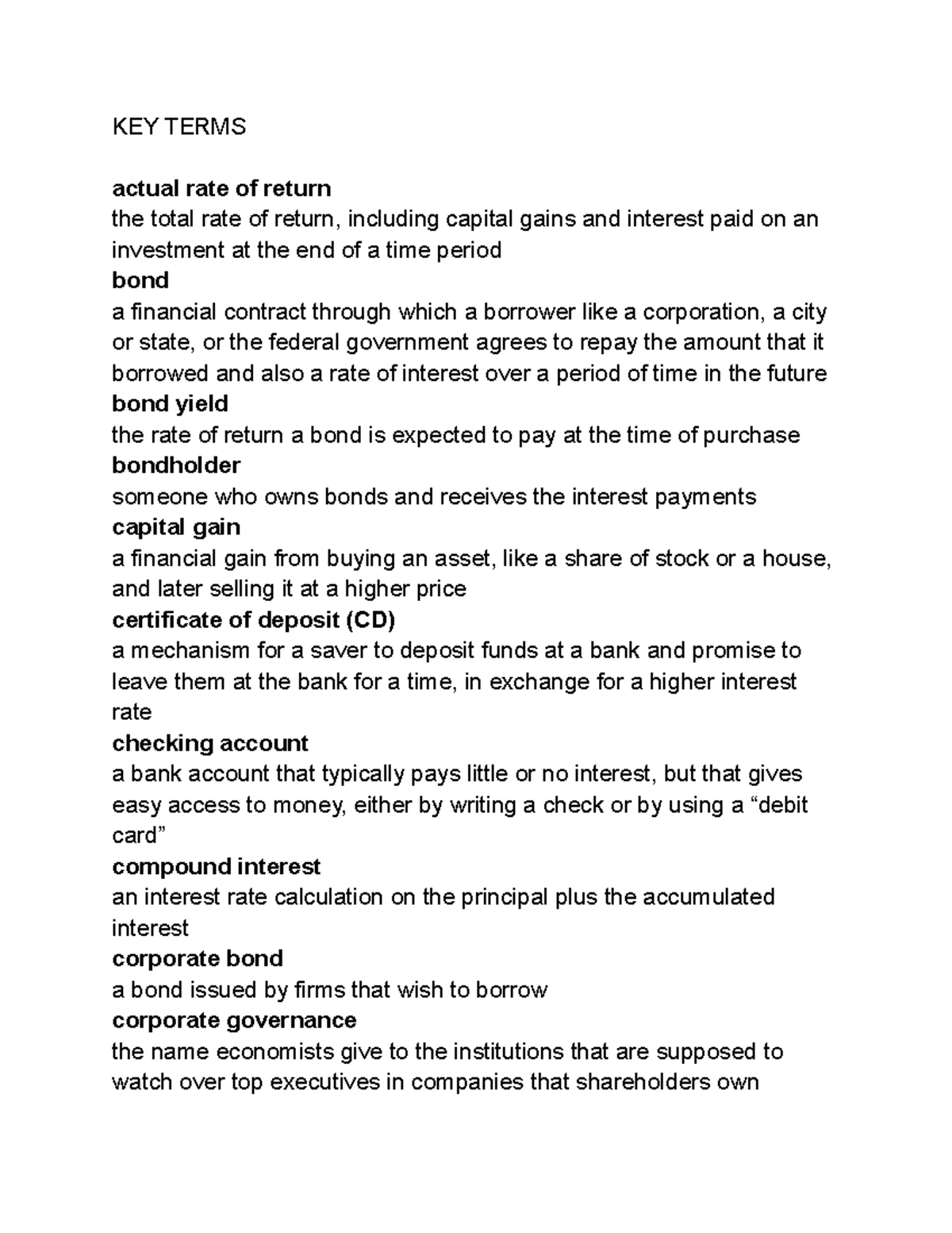 ECO102 Chpt 17 - Key terms - KEY TERMS actual rate of return the total ...