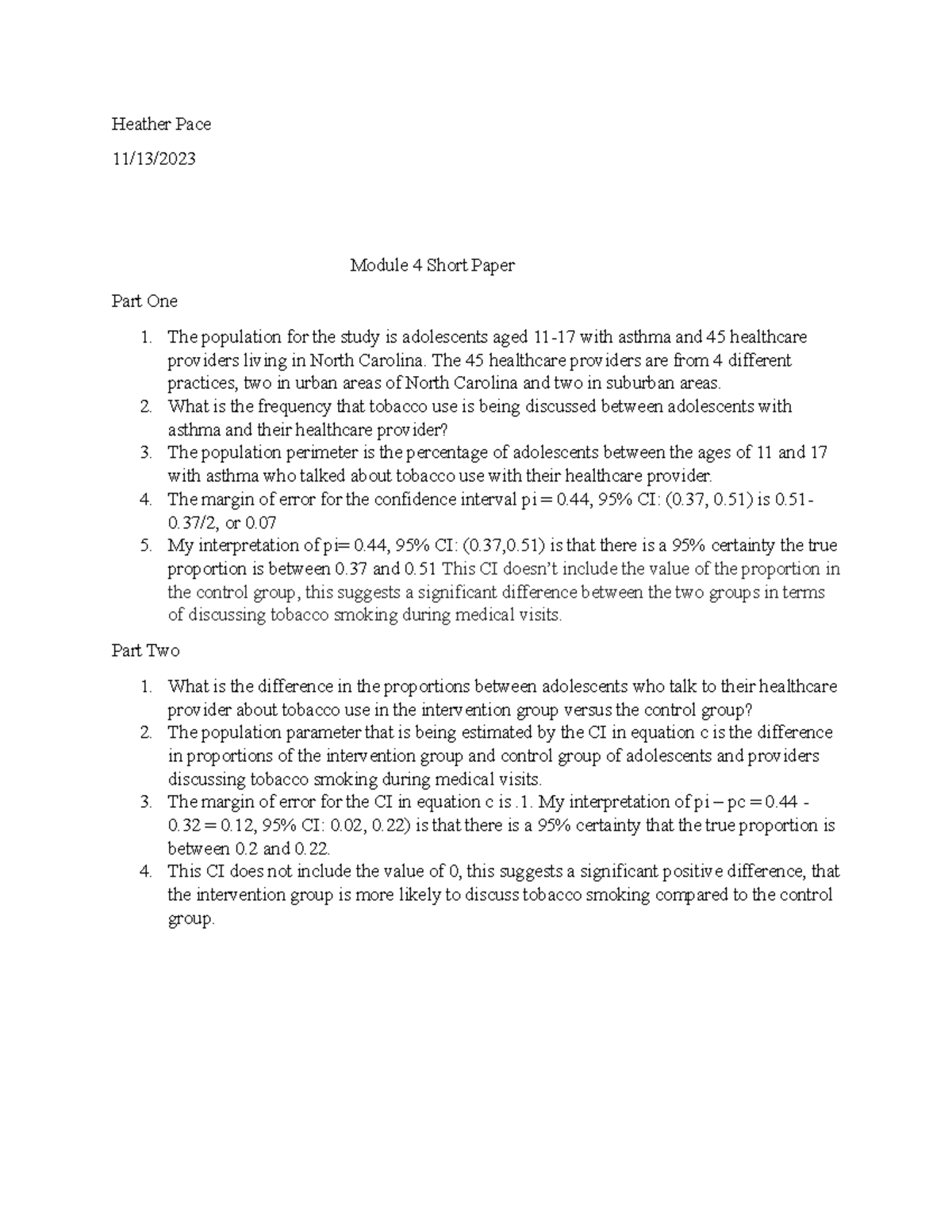 Stat Module 4 short paper - Heather Pace 11/13/ Module 4 Short Paper ...