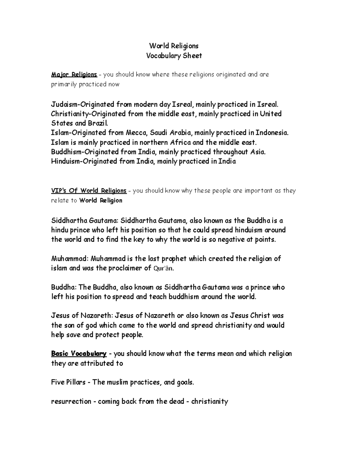 World Religion Study Guide - World Religions Vocabulary Sheet Major ...