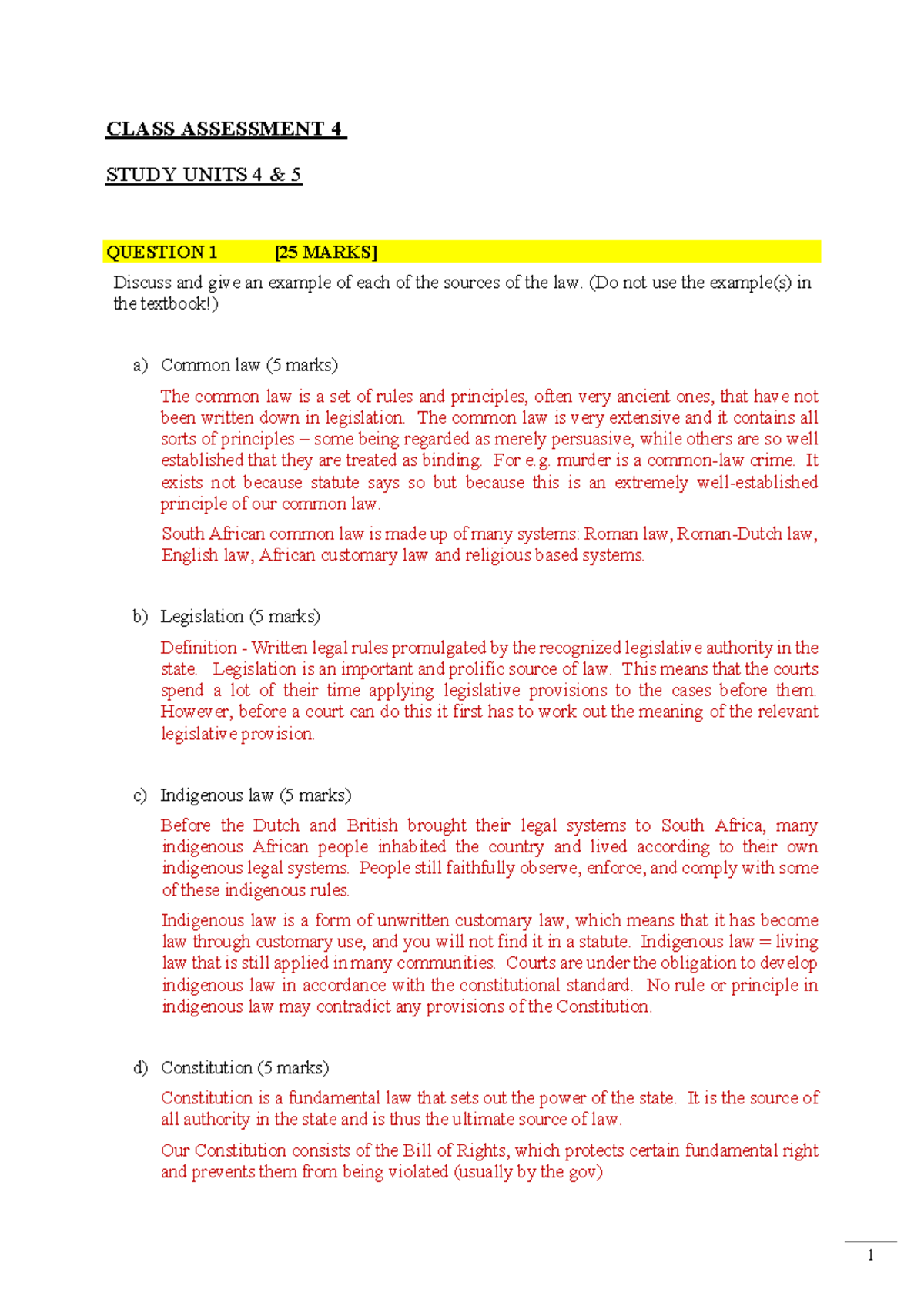 IURI 171 Tutorial Questions - Study Units 4 5 - CLASS ASSESSMENT 4 STUDY UNITS 4 & 5 QUESTION 1 ...