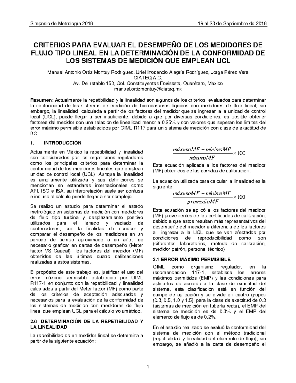Linealidad y repetibilidad de turbinas - Simposio de Metrología 2016 19 ...