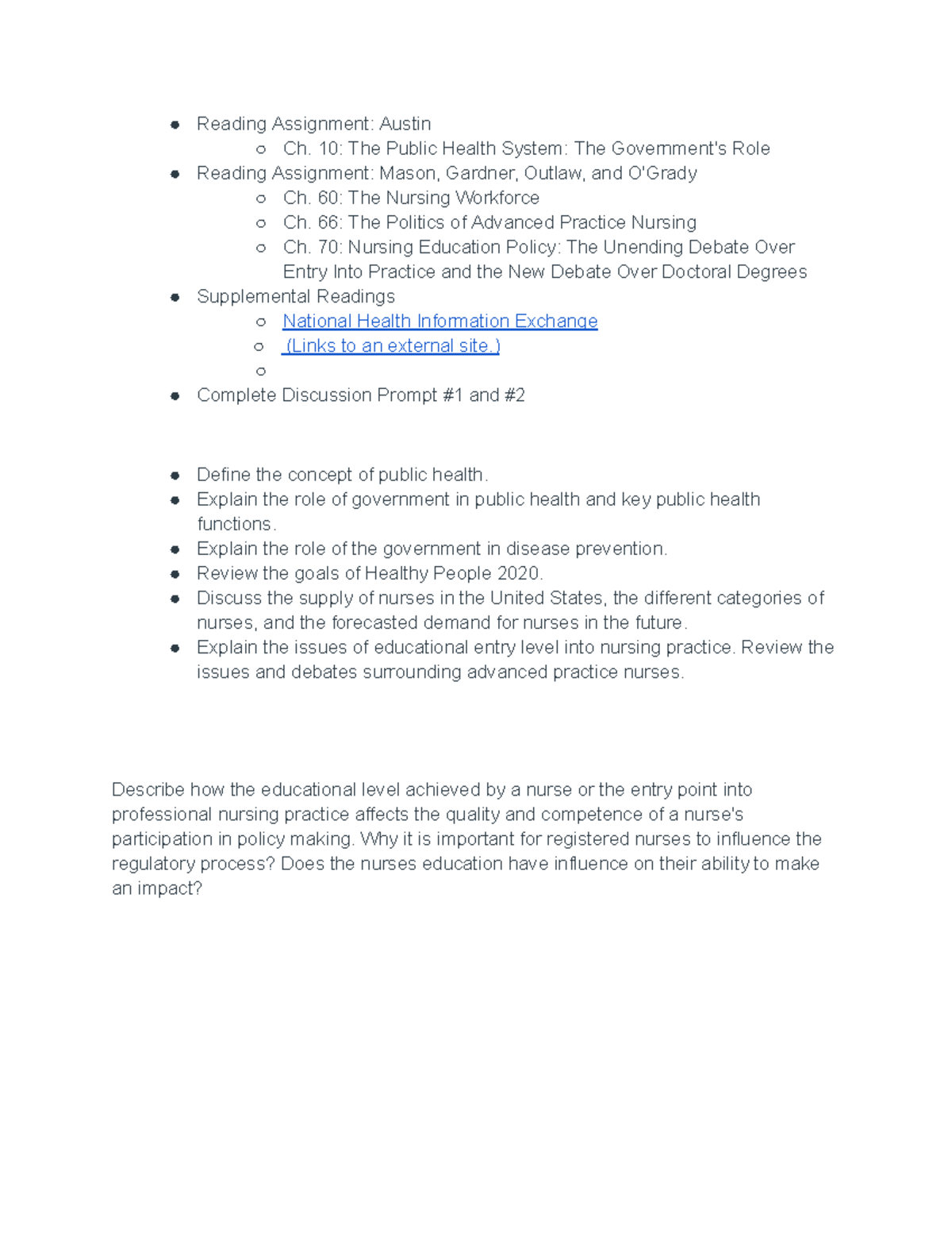 Week 8 policy - erferf - Reading Assignment: Austin Ch. 10: The Public ...