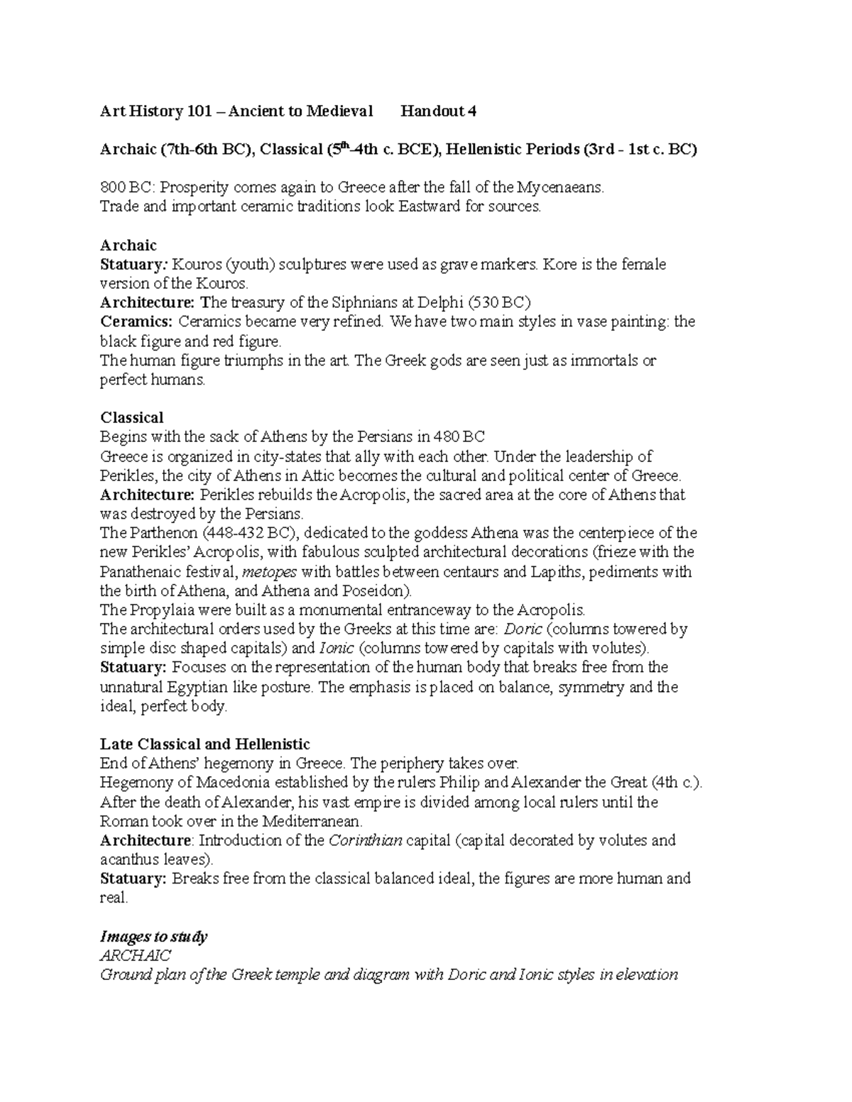 Handout 4 Greek Art - Lecture Summary - Art History 101 – Ancient to ...