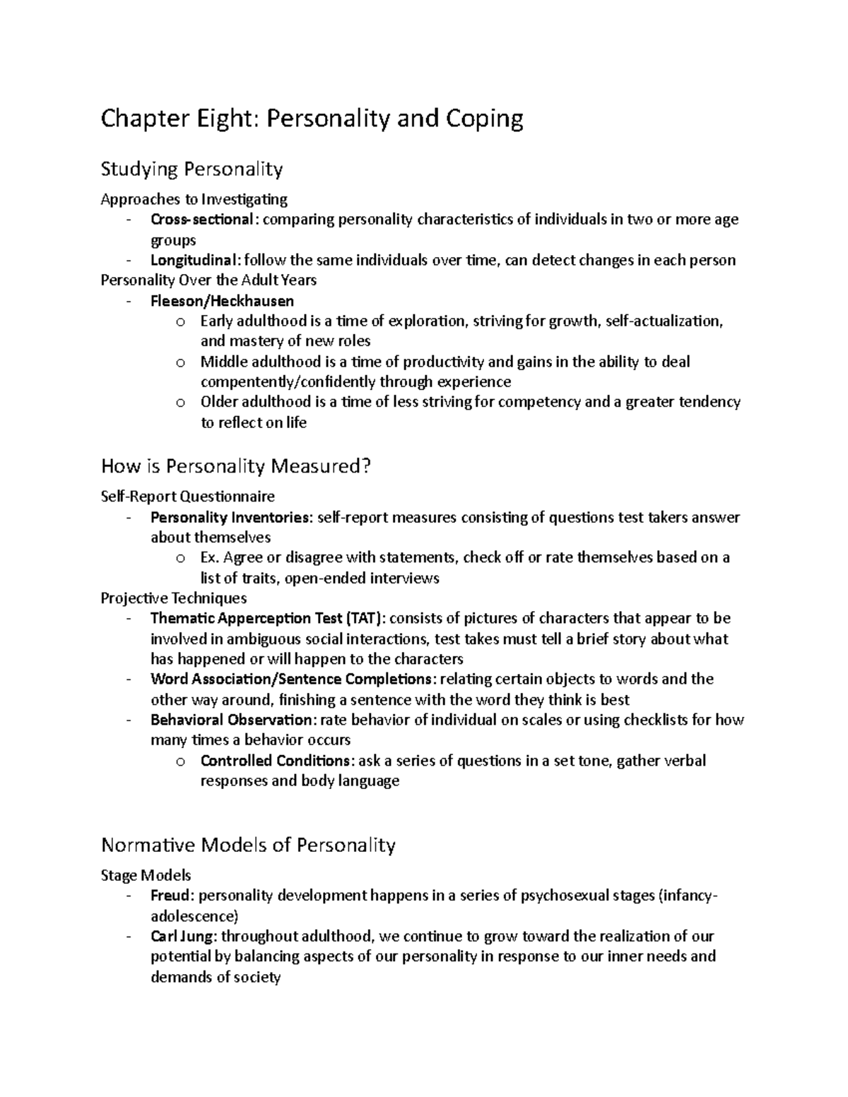 Chapter 8 - Personality and Coping - Chapter Eight: Personality and ...
