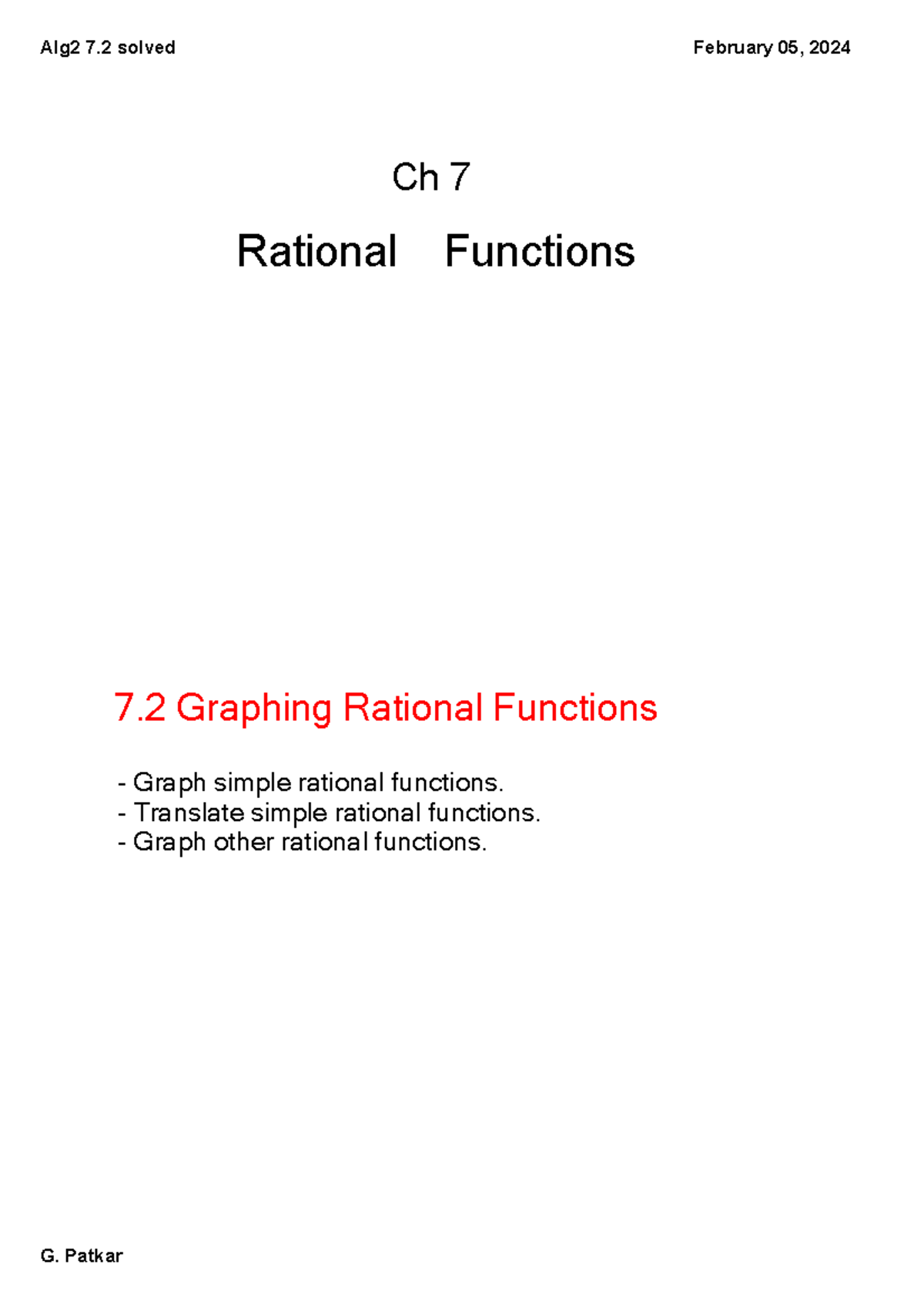 Alg2 7.2 solved - Hjk - Ch 7 Rational Functions 2 Transformations of 7 Graphing Rational ...