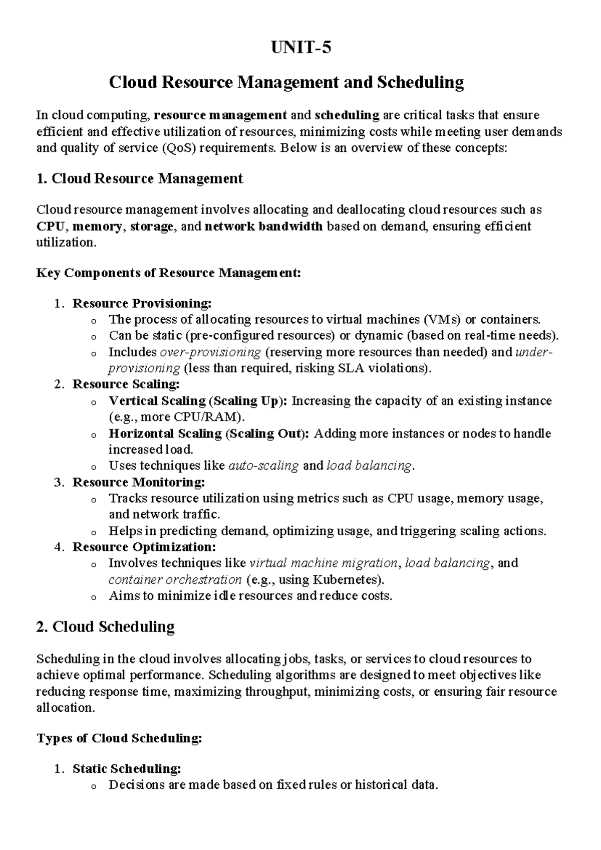 UNIT5 Cloud - UNIT- Cloud Resource Management and Scheduling In cloud computing, resource ...