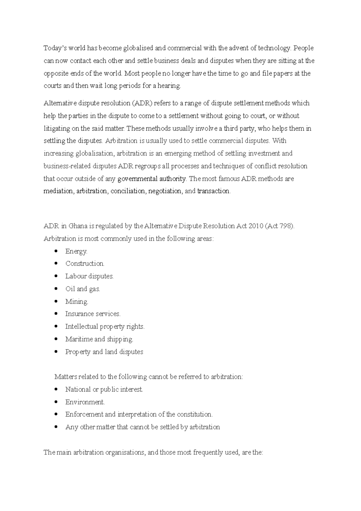 ADR Assignement - ADR and its impact on dispute settlement in the ...