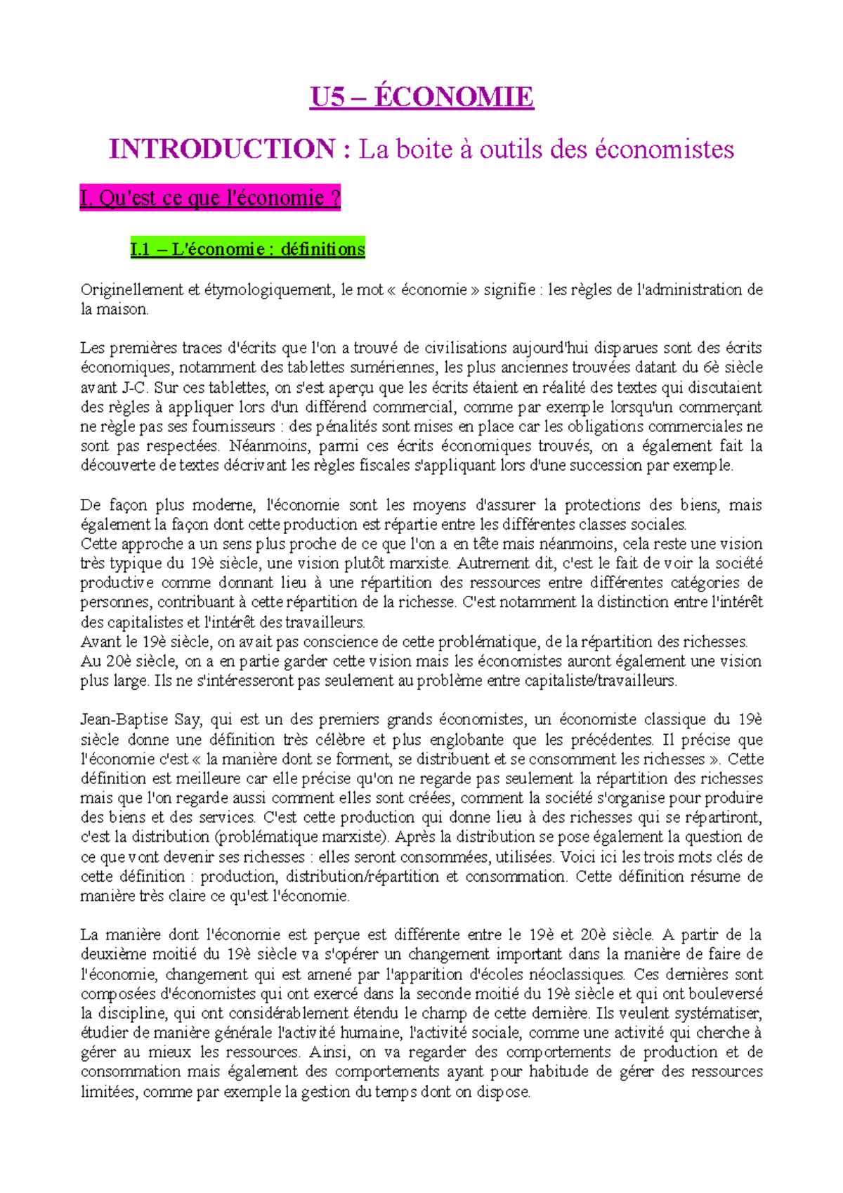 Economie, chapitre 1 - Notes de cours 1 - U 5 – ÉCONOMIE INTRODUCTION ...