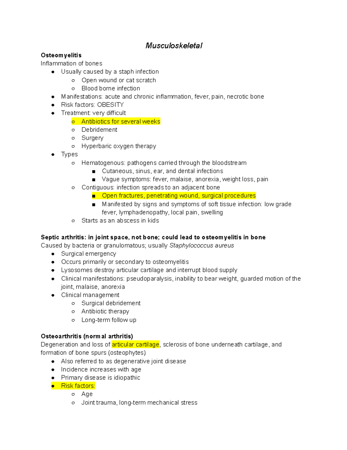 Pathopharm exam 3 notes - Musculoskeletal Osteomyelitis Inflammation of ...