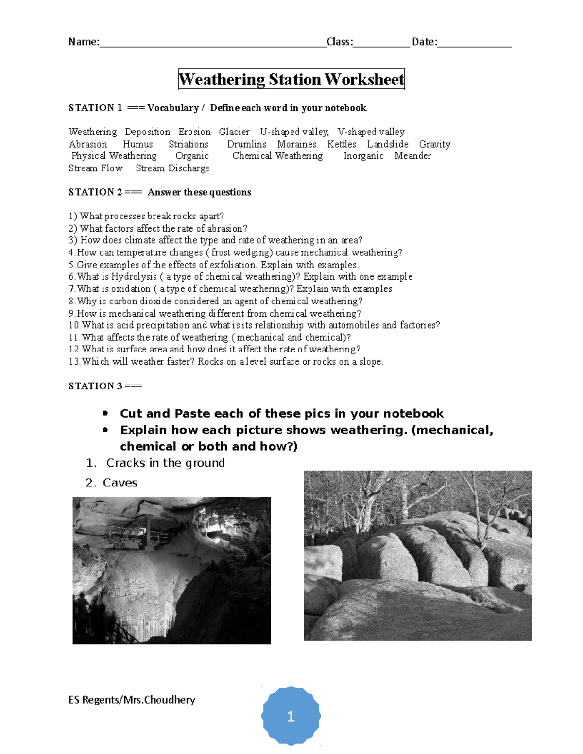 Weathering Station Worksheet - Weathering Station Worksheet STATION 1 ...