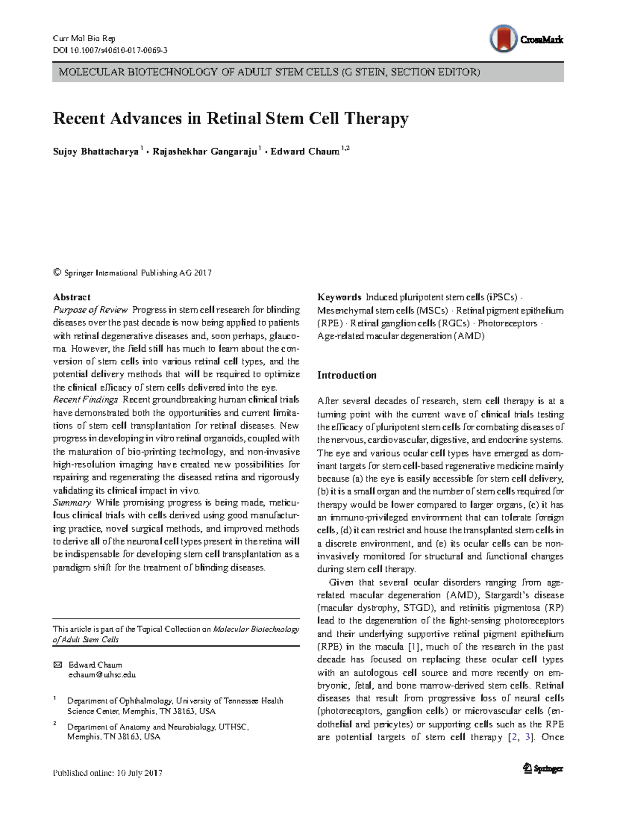 Recent advances in retinal stem cell therapy - MOLECULAR BIOTECHNOLOGY OF ADULT STEM CELLS (G ...