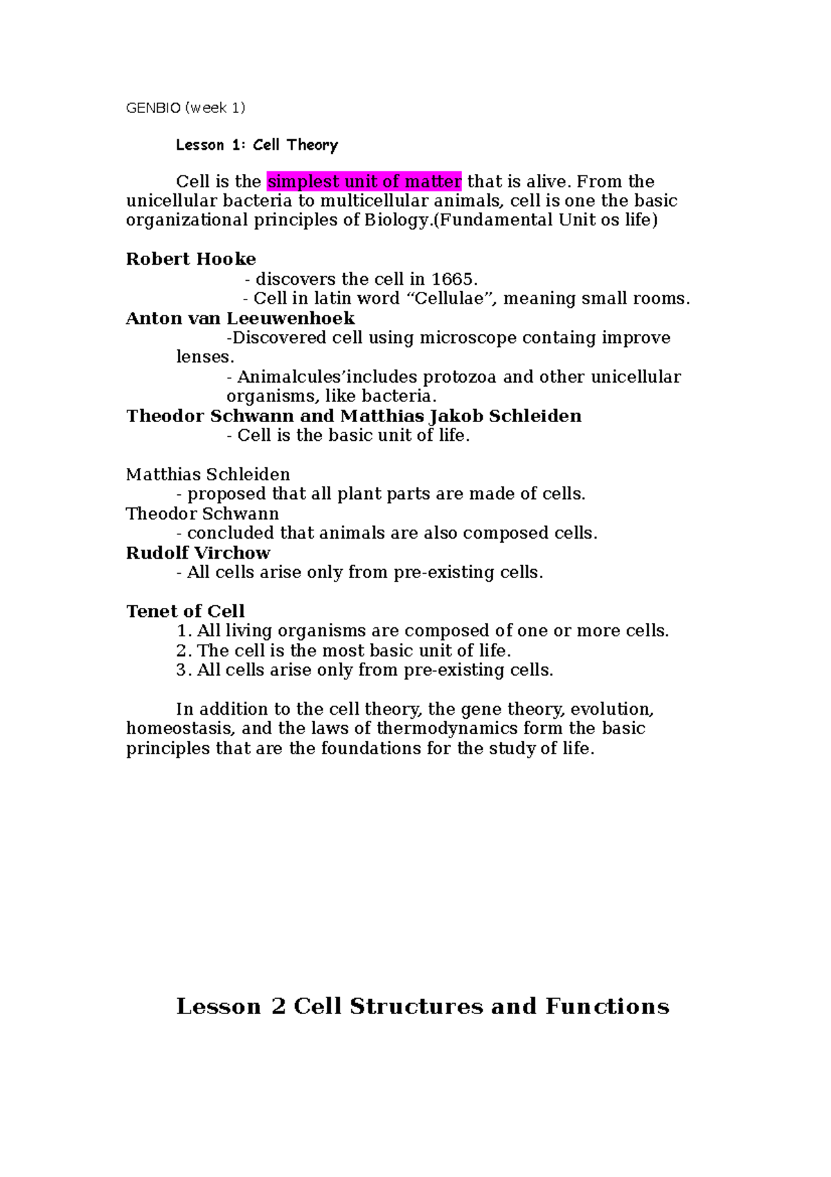 Genbio notes 082408 - GENBIO (week 1) Lesson 1: Cell Theory Cell is the ...